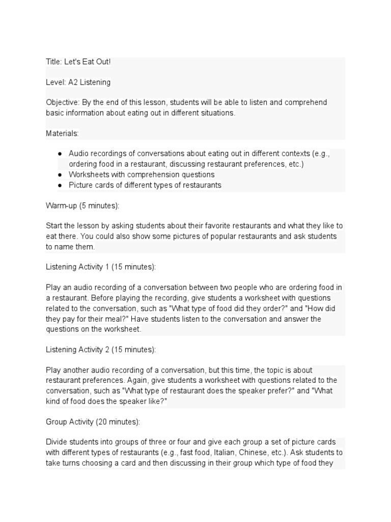 Title - Let's Eat Out | PDF | Language Arts & Discipline