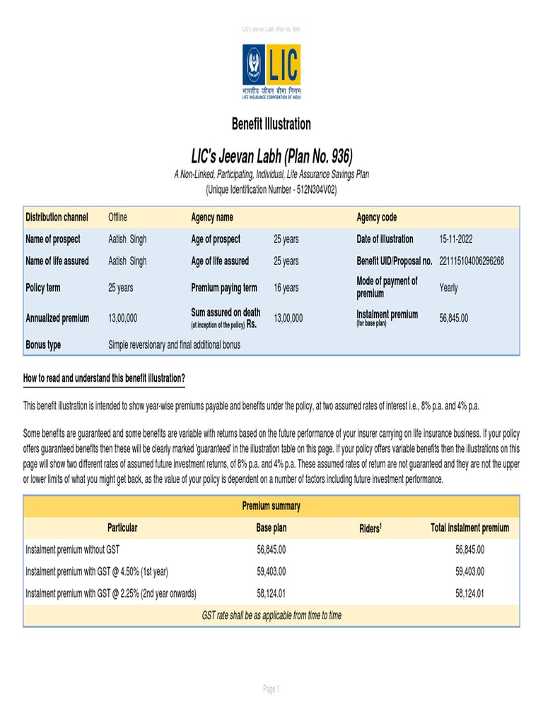 LIC's Jeevan Labh (Plan No. 936) : Benefit Illustration | PDF ...