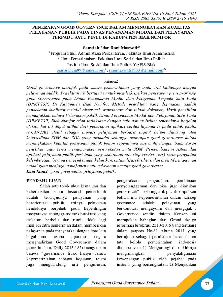 Penerapan Good Governance Dalam Meningkatkan Kualitas Pelayanan Publik Pada Dinas Penanaman ...