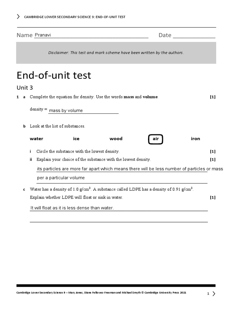 S9 - End-Of-Unit 3 Test | PDF | Density | Matter