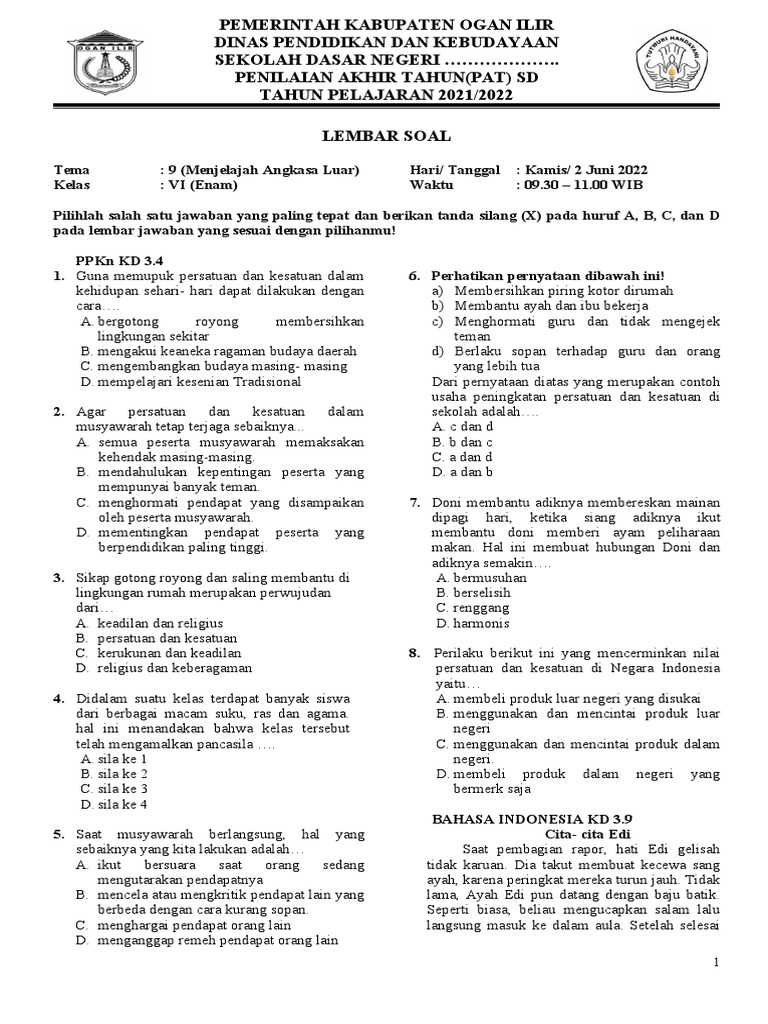 Soal Pat Tema 9 KLS 6 - 2022 | PDF