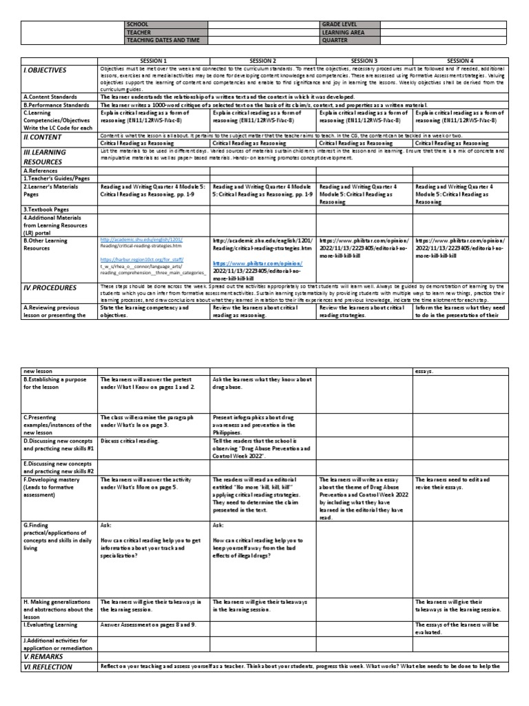 Critical Reading Lesson Plan | PDF | Learning | Educational Assessment
