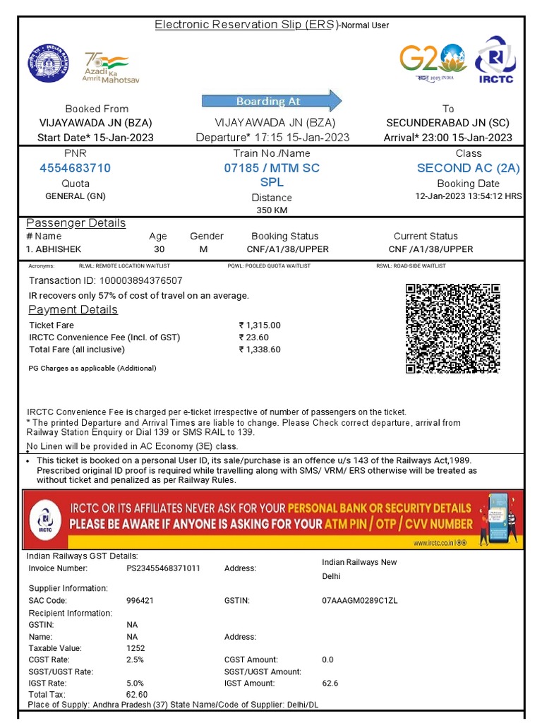 MTM SC SPL Second Ac (2A) : Electronic Reservation Slip (ERS) | PDF ...