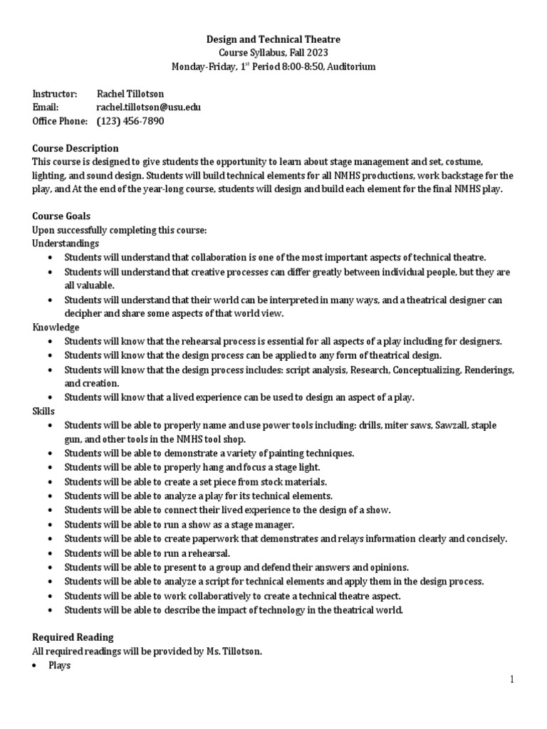 Technical Theatre Course Syllabus 2023 | PDF | Individualized Education ...