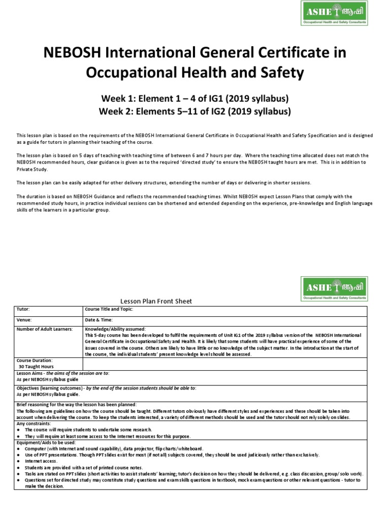 NEBOSH IG1 IG2 Lesson Plan | Download Free PDF | Risk | Occupational ...