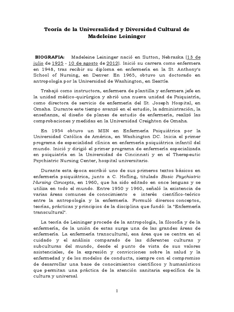 Teoría de La Universalidad y Diversidad Cultural de Madeleine Leininger ...