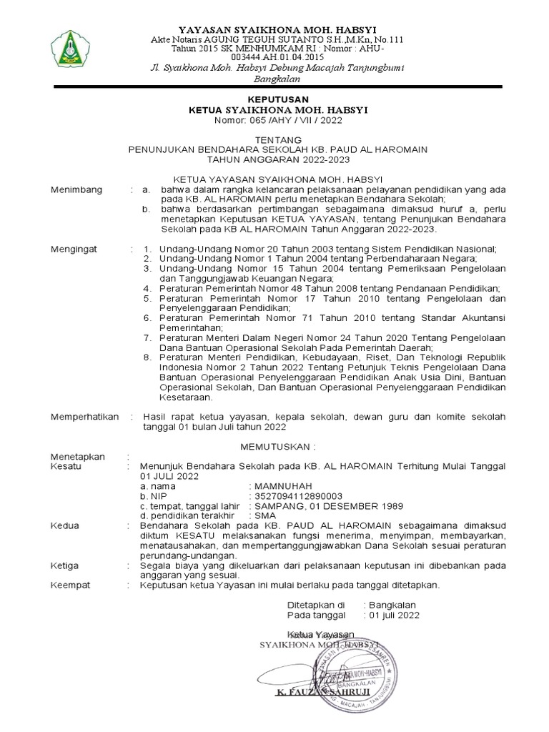 (Panduanmengajar - Com) - Contoh SK Bendahara Sekolah SD 2022 | PDF