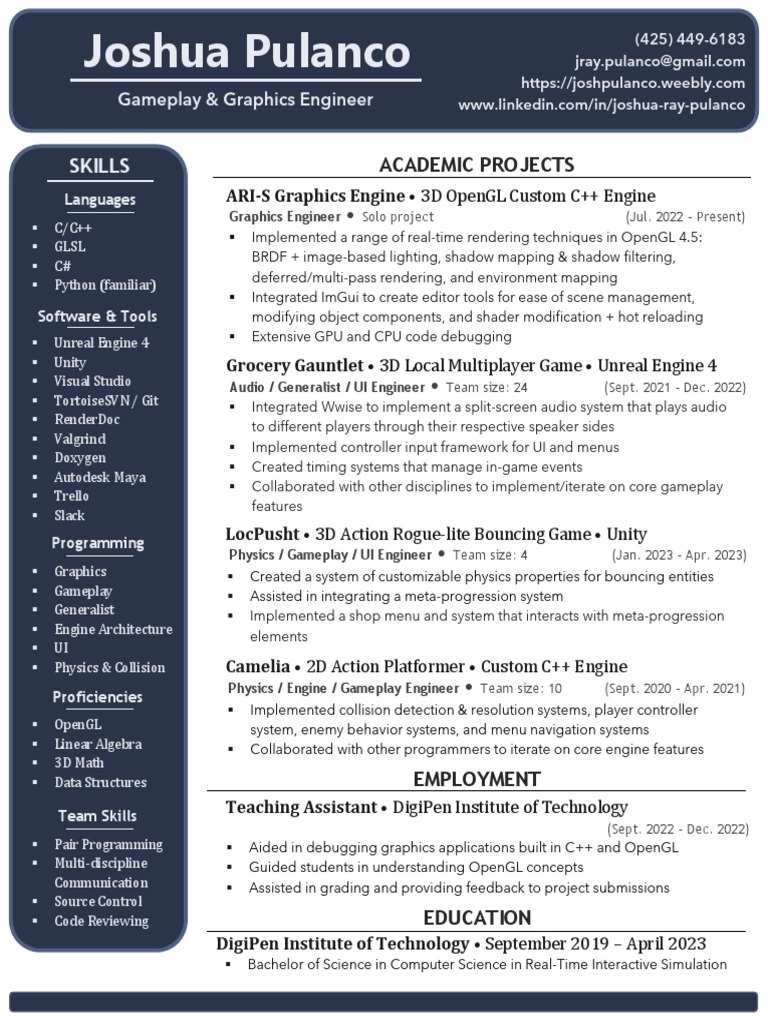 Joshua Pulanco - Resume | PDF | 3 D Computer Graphics | Computer Graphics