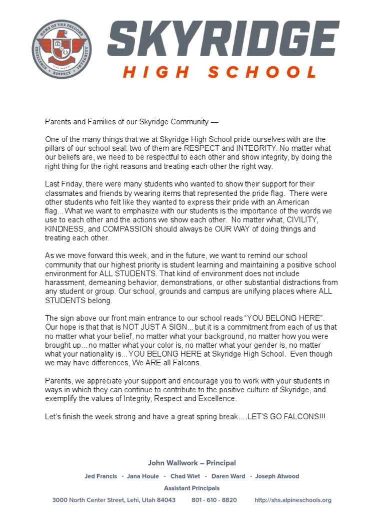 Letter To Skyridge Parents | PDF