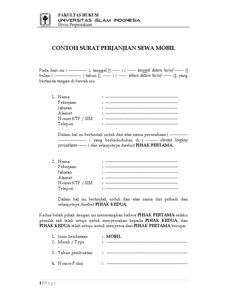 Microsoft Word - Contoh-surat-perjanjian-sewa-mobil-FH-UII | PDF