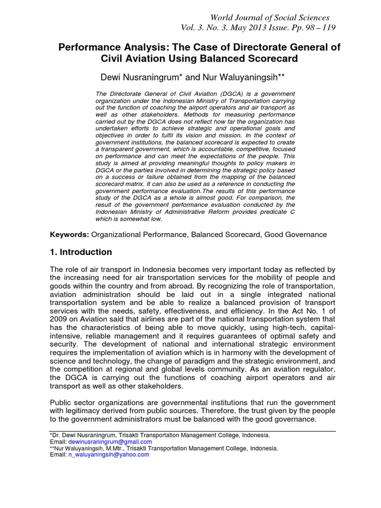 Performance Analysis: The Case of Directorate General of Civil Aviation Using Balanced Scorecard ...