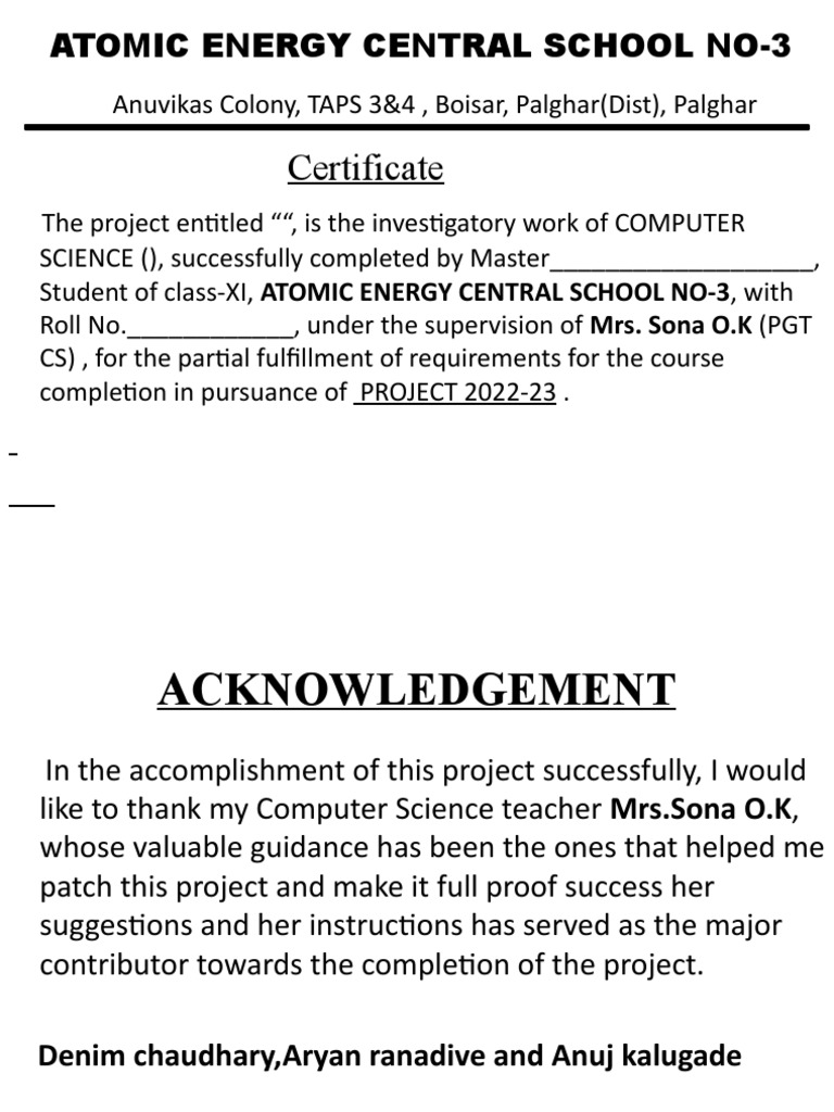 Atomic Energy Central School No-3 | PDF