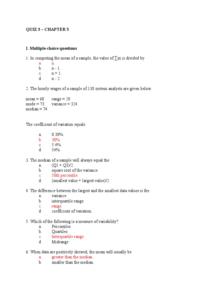 Quiz 3 Chap 3 Answer | PDF | Median | Variance
