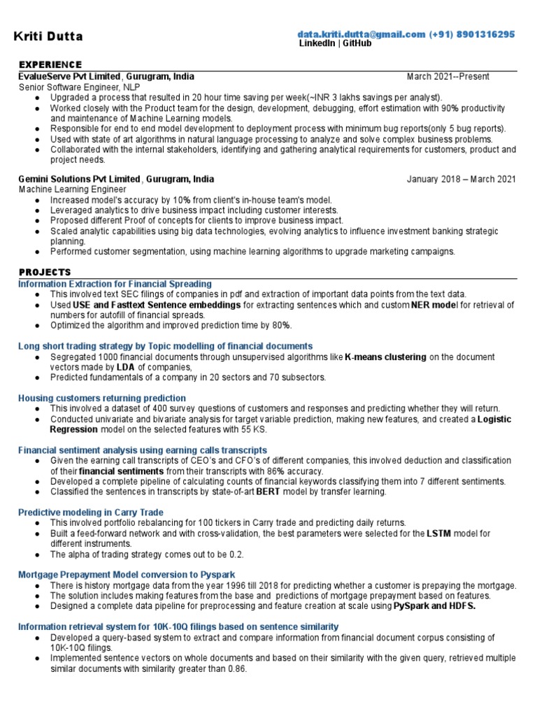 Kriti Dutta's Resume - Senior NLP Engineer | PDF | Analytics | Machine ...