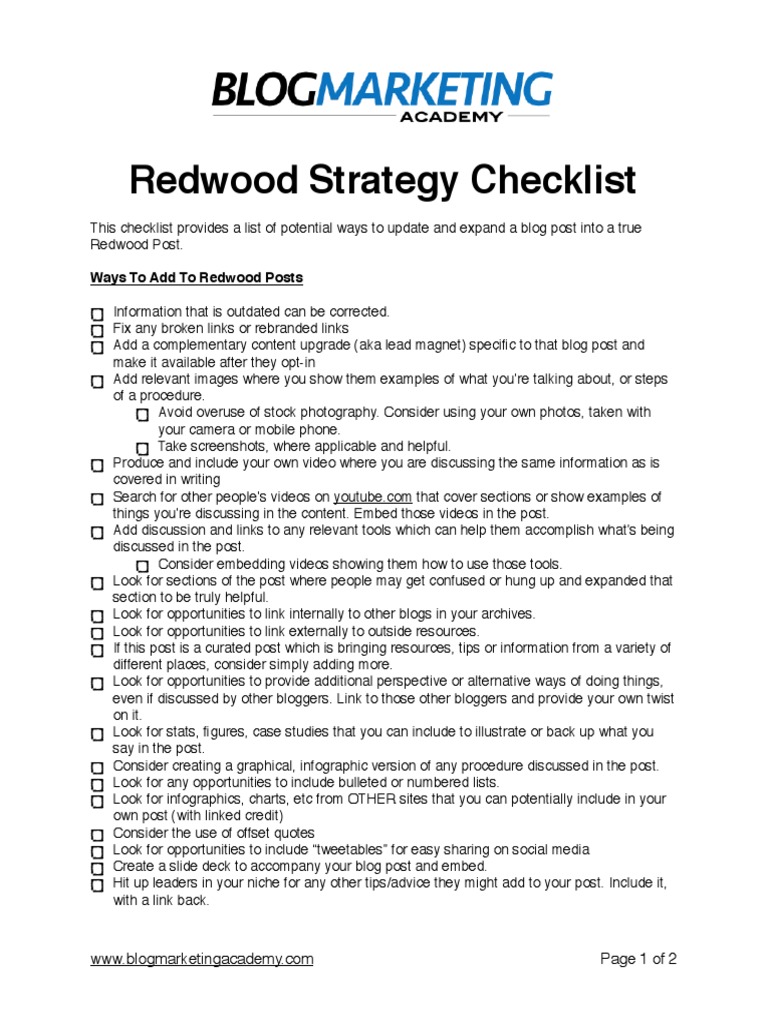 Redwood Strategy Checklist | PDF | Blog | Infographics