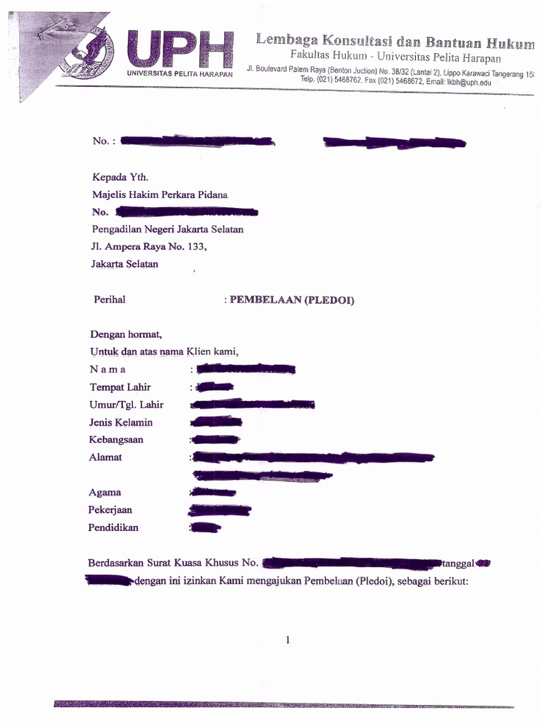 Contoh Pembelaan (Pledoi) - 1 | PDF
