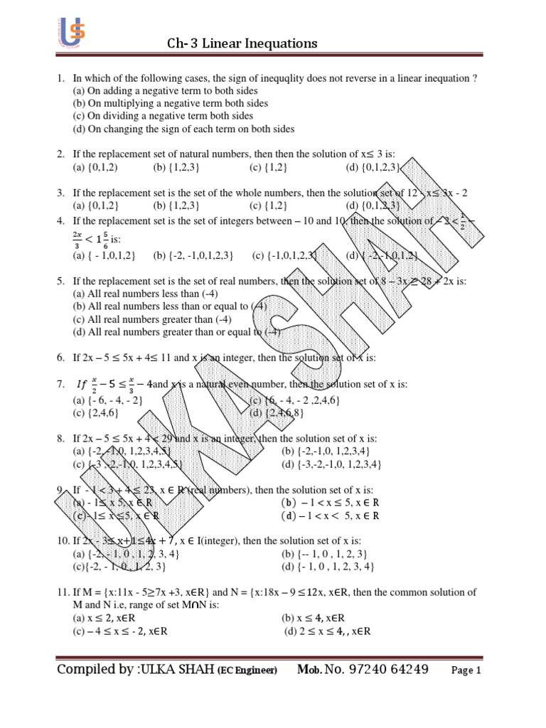10 ICSE Ch-3 Linear Inequations MCQ Do | PDF | Inequality (Mathematics ...