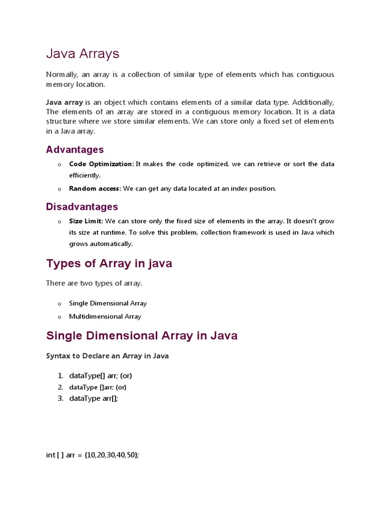 Java Arrays: Types of Array in Java | PDF | Java (Programming Language ...