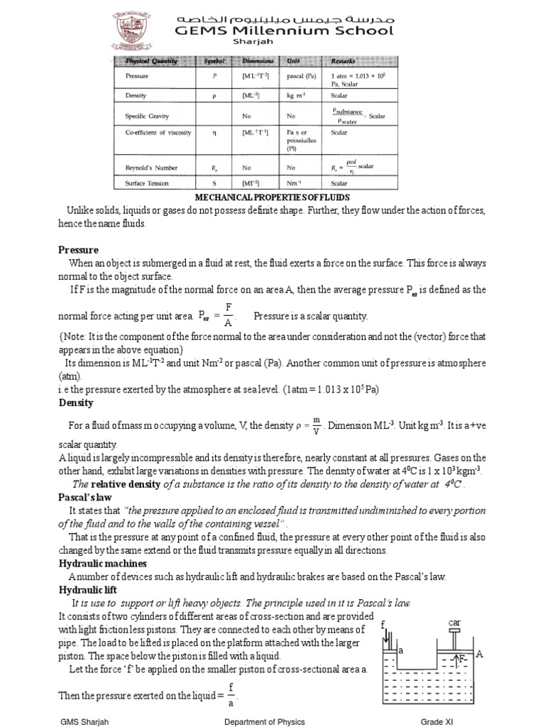 Physics Concepts for Grade XI Students | PDF | Fluid Dynamics | Pressure