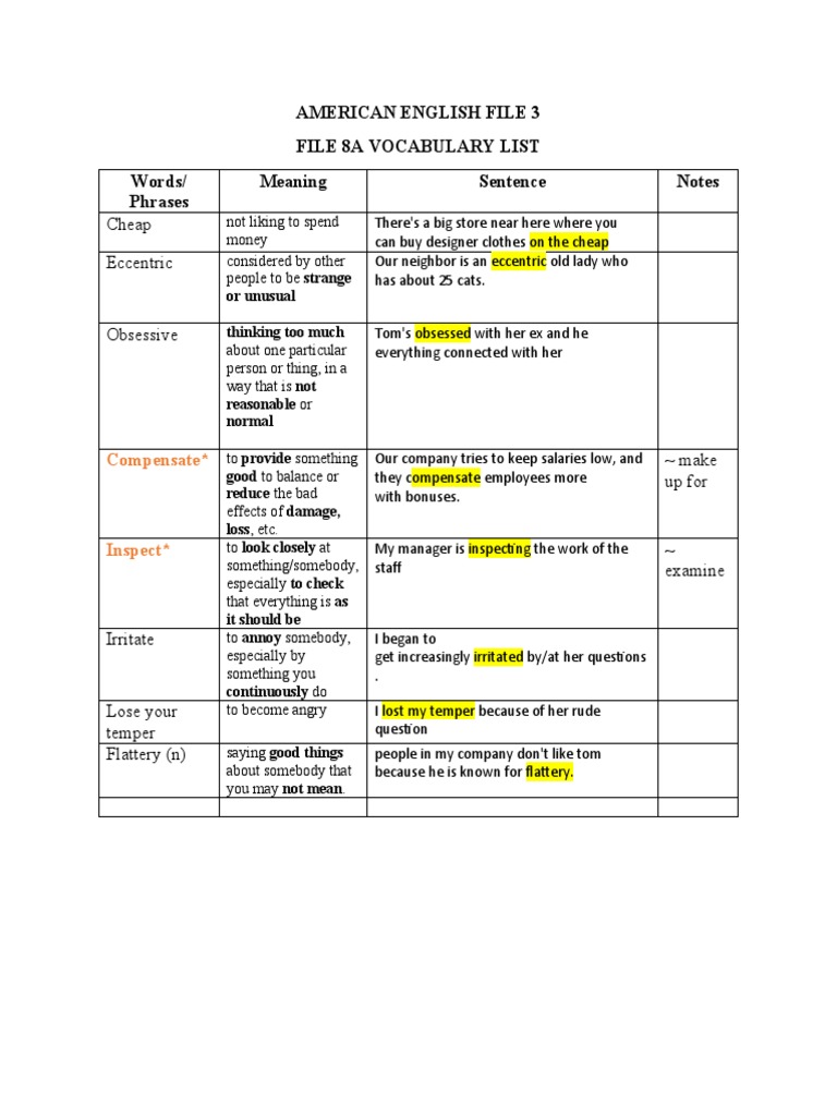 American English File 3 Vocabulary List | PDF