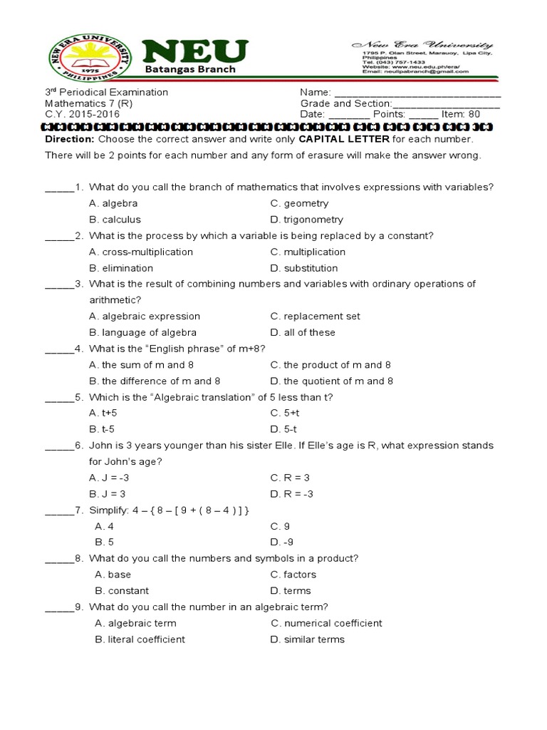 Class 7 Algebra Exam Questions | PDF | Polynomial | Elementary Mathematics