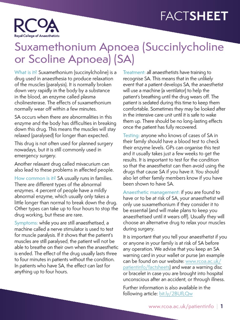 Suxamethonium Apnoea (Succinlycholine or Scoline Apnoea) (SA ...