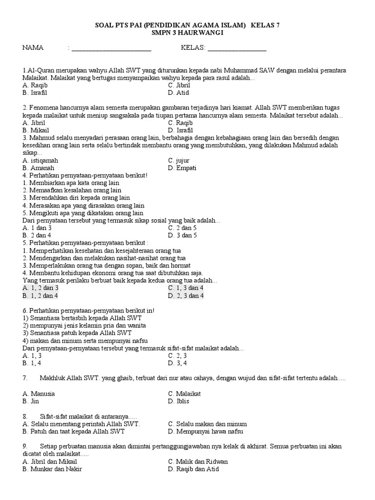 Soal PTS Pai Kelas 7,9 | PDF