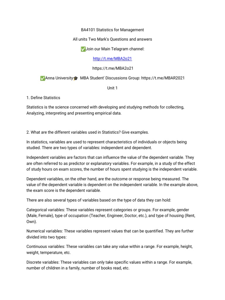 BA4101 - Statistics - For - Management All - Units - Two - Mark's ...