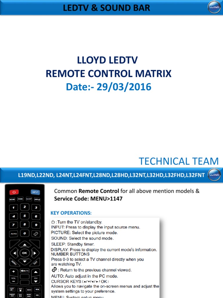 Lloyd Ledtv Remote Control Matrix: Date:-29/03/2016 | PDF