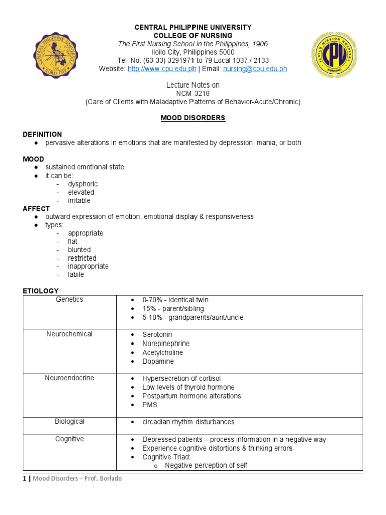 Mood Disorders Lecture Notes | PDF | Major Depressive Disorder | Mania
