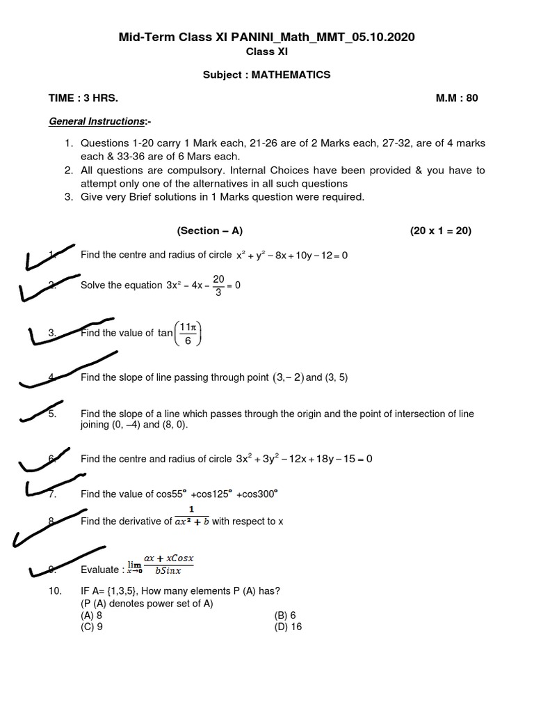 Mid-Term Examination for Class XI: Mathematics Test with Questions ...