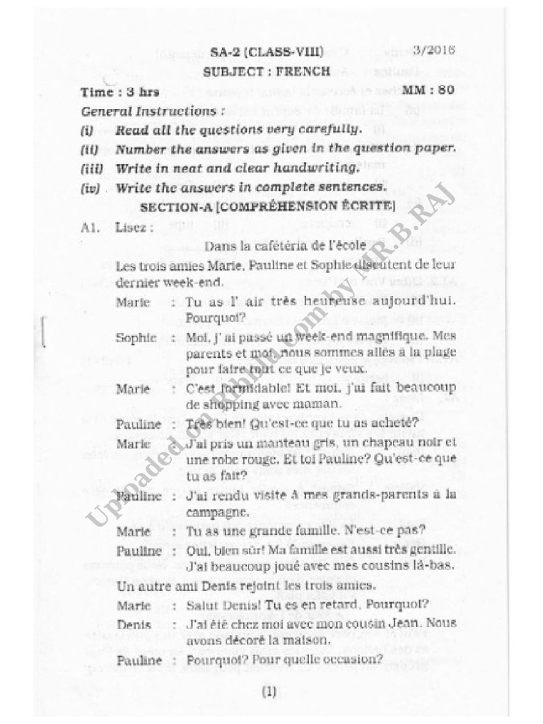 Class VIII 8th French Summative Assessment 2 Cbse Board Paper | PDF