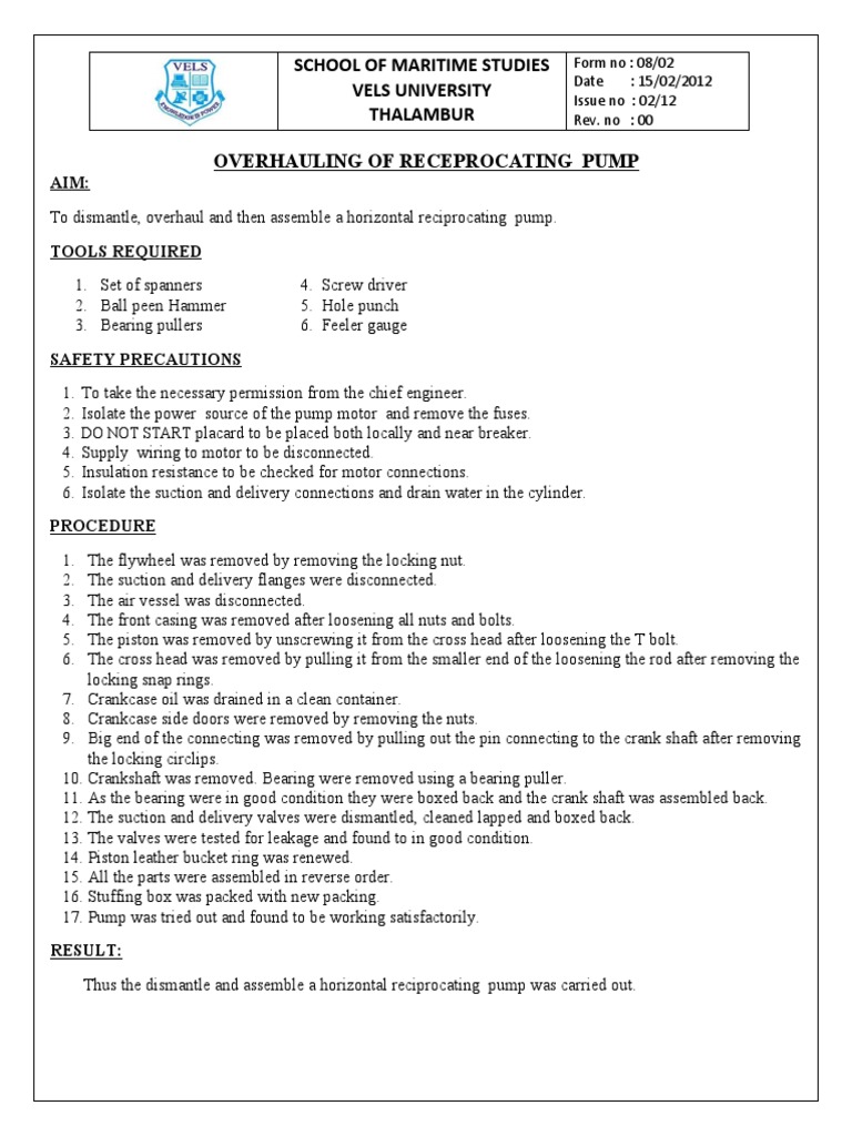 Overhauling Procedure for Reciprocating Pump | PDF