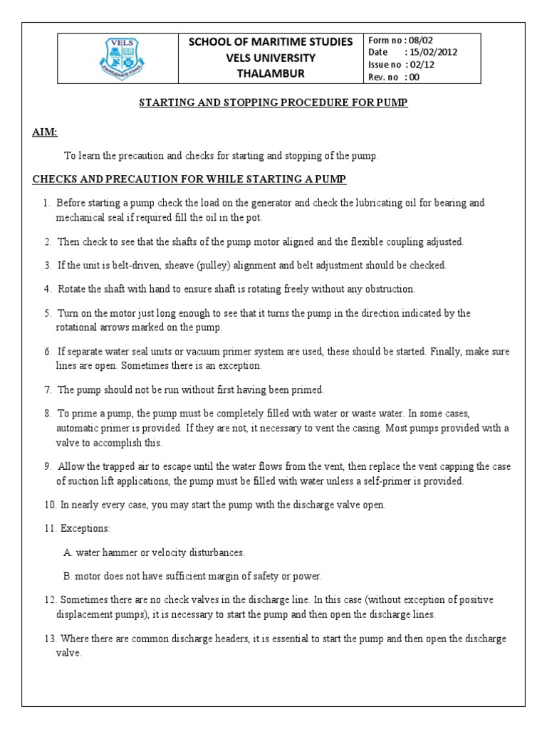 5 Starting and Stopping Procedure For Pump | PDF | Pump | Belt (Mechanical)
