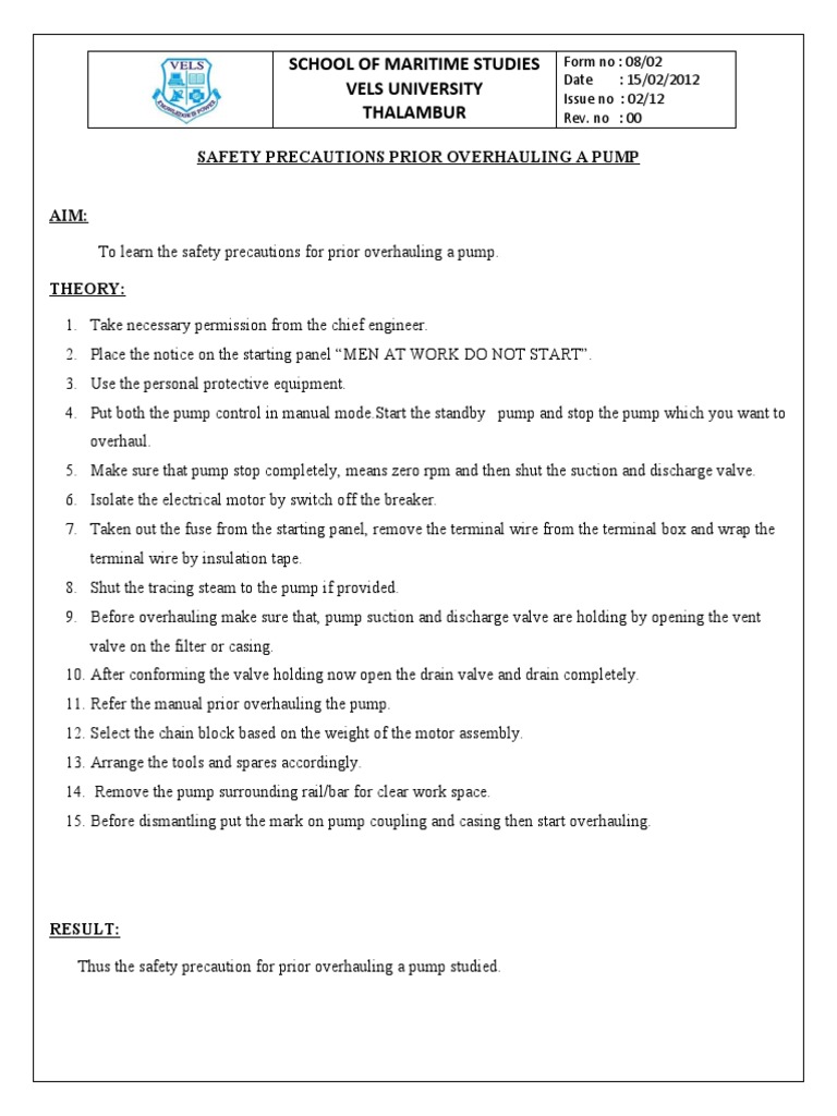 Pump Overhauling Safety Precautions | PDF | Home & Garden