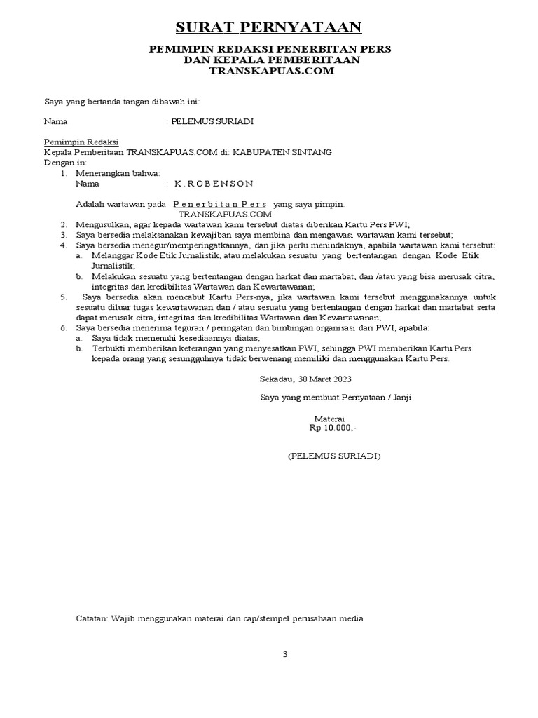 Surat Pernyataan Kartu Pers Wartawan | PDF