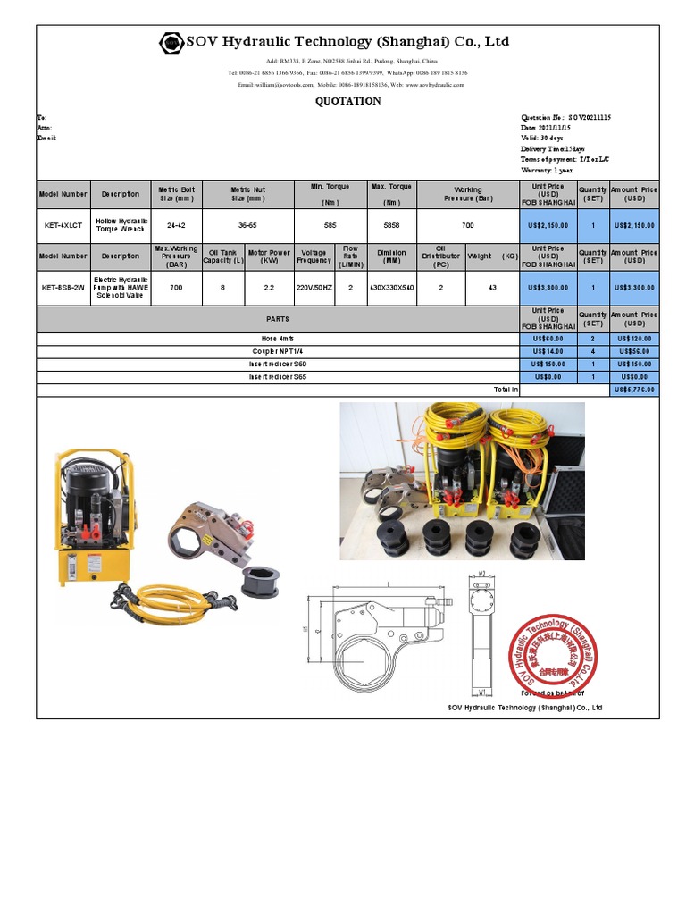 SOV Hydraulic Technology (Shanghai) Co., LTD: Quotation | PDF | Manufactured Goods | Mechanical ...
