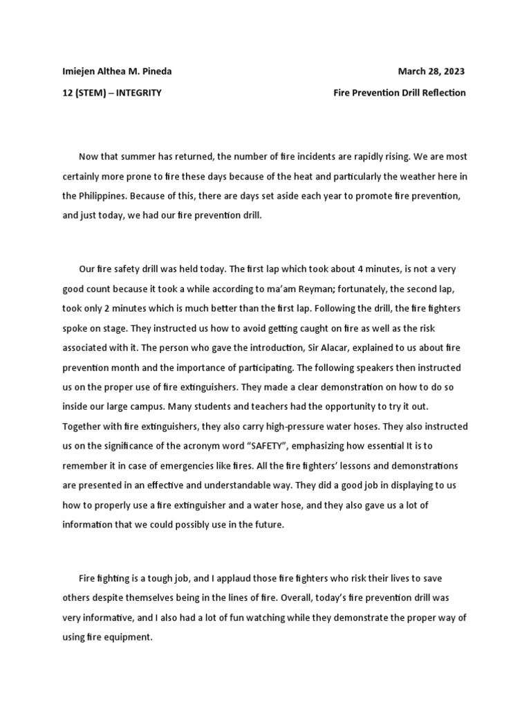 Fire Prevention Drill Reflection | PDF
