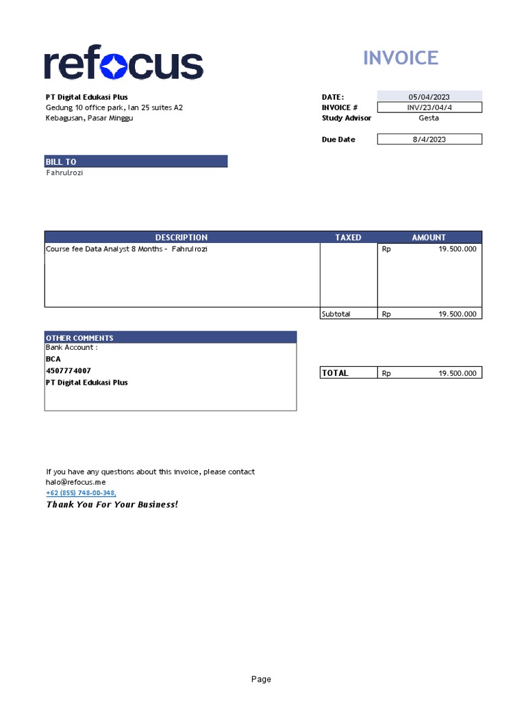 Invoice Course Data Analytics Refocus - Fahrulrozi.xlsx - 001 | PDF