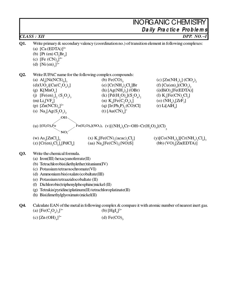 DPP (1 - ) For (A) 12th Ic | PDF | Coordination Complex | Chemical Bond