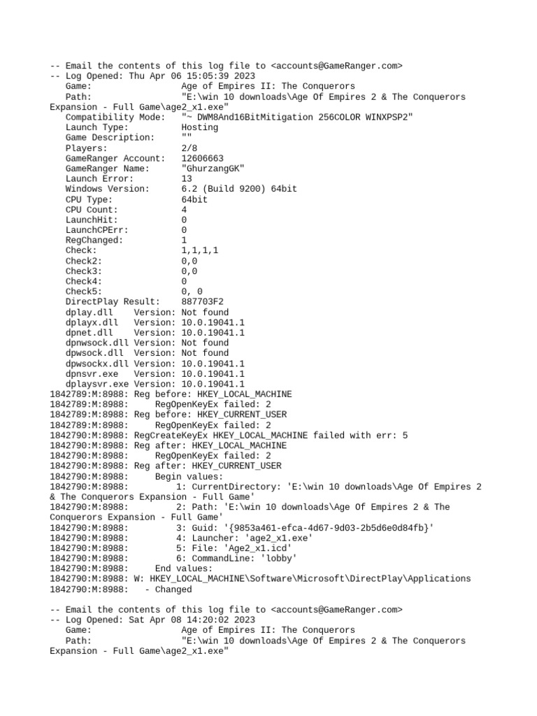 GameRanger Launch Log | PDF | Windows Registry | Computer Science