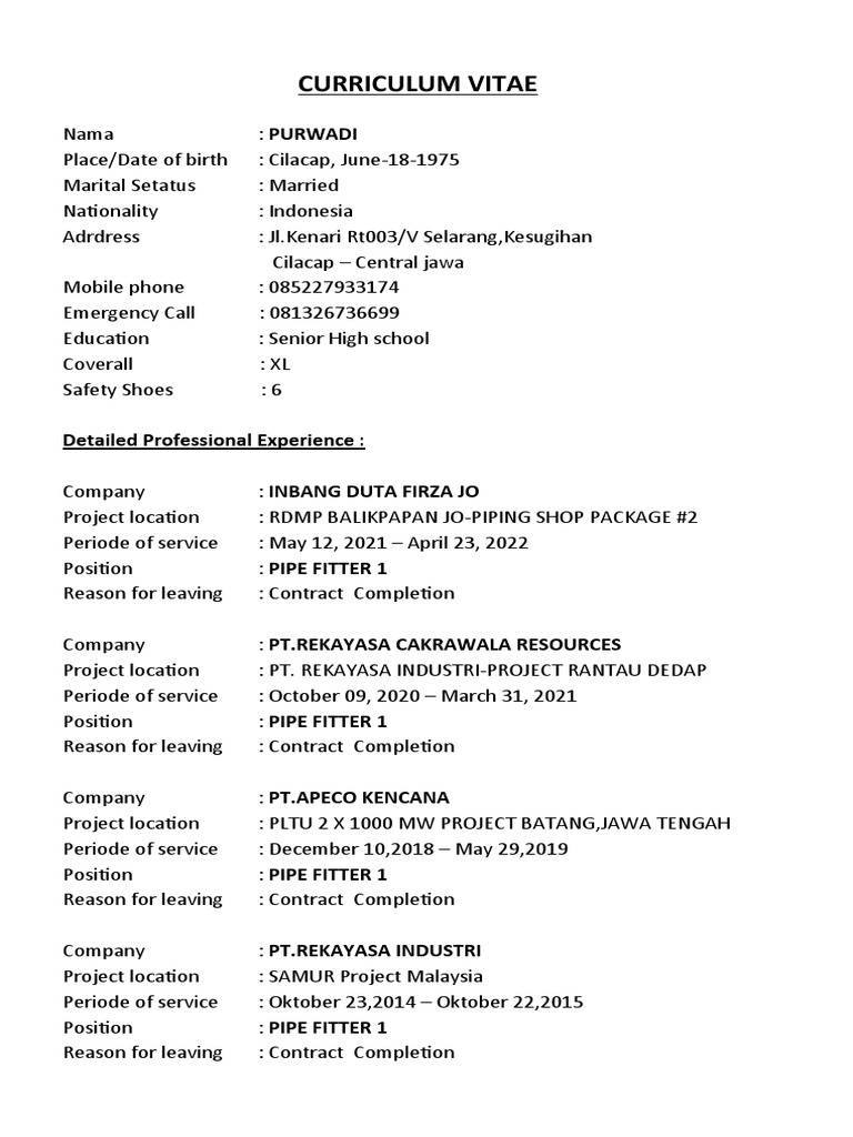 CV Purwadi Pipe Fitter-2 | PDF