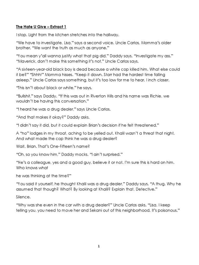 The Hate U Give - Extract 1 | PDF | Racism | Discrimination & Race Relations