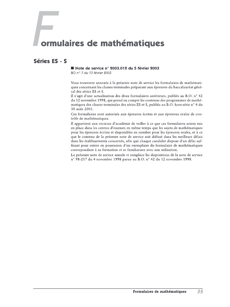 Formulaires de Mathématiques Terminales S-ES (2003) | PDF