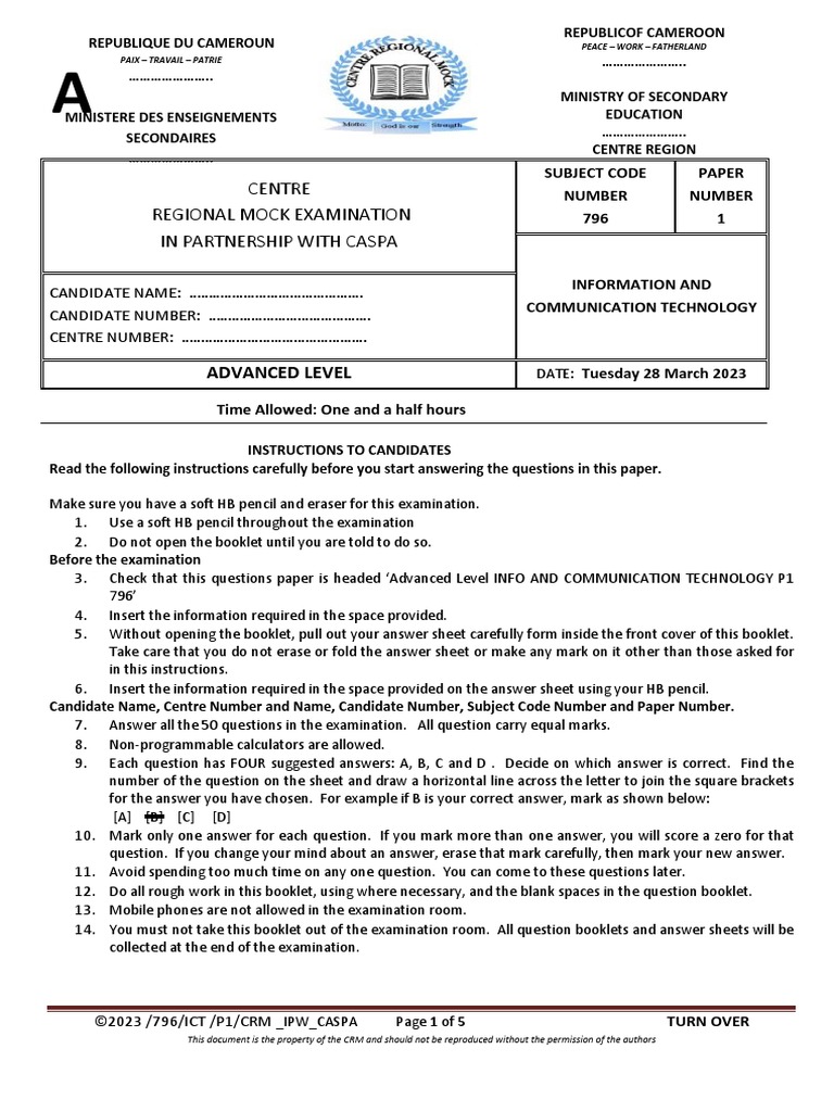 Centre Regional Mock Examination in Partnership With Caspa: Advanced Level | PDF | Computer Data ...