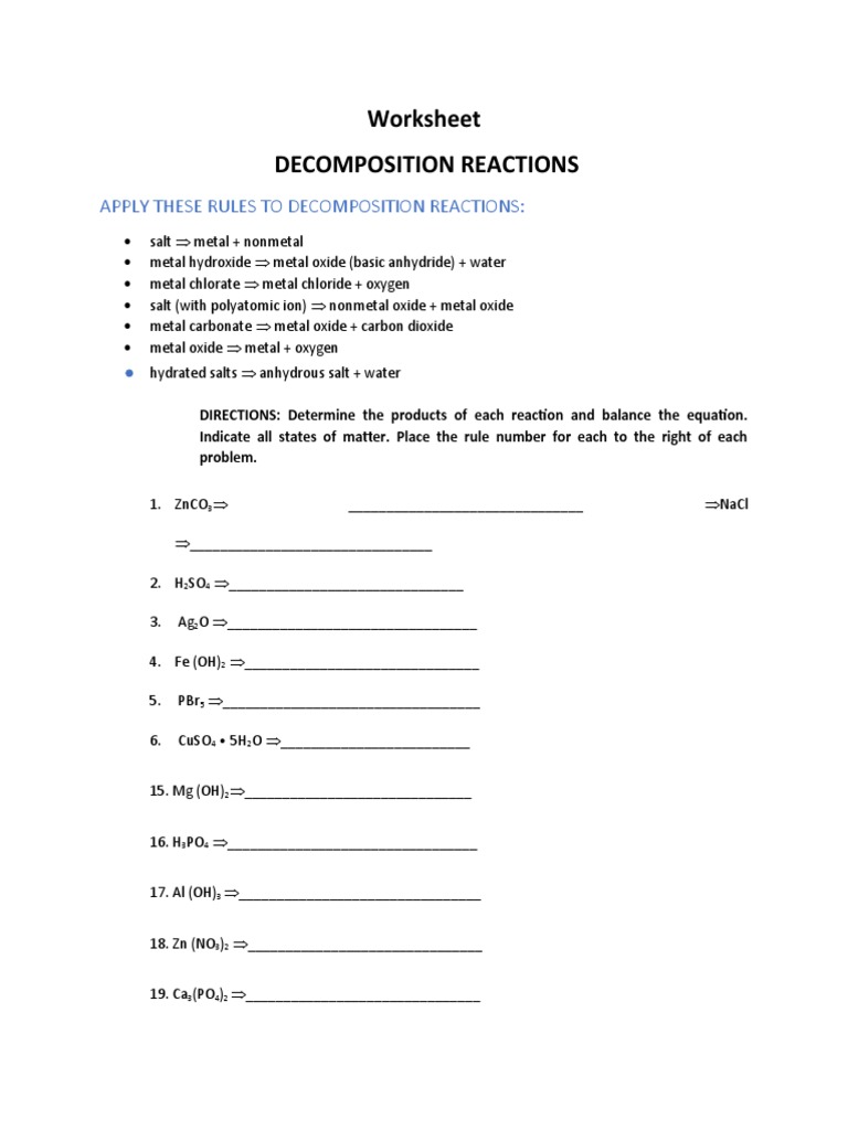 Worksheet Decomposition Reactions | PDF