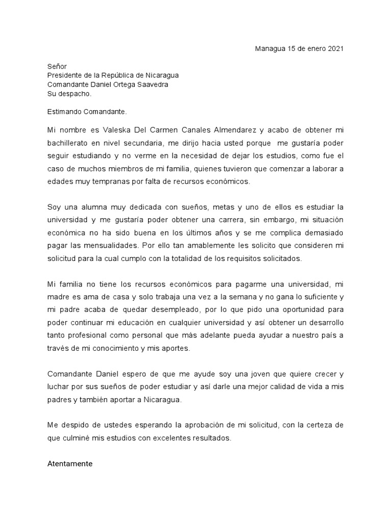 Managua 15 de Enero 2021 Señor Presidente de La República de Nicaragua ...