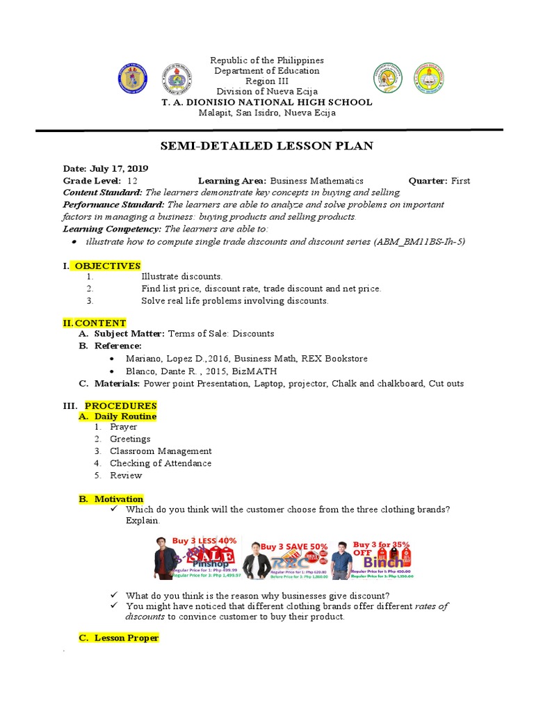 Semi-Detailed Lesson Plan: Factors in Managing A Business: Buying ...