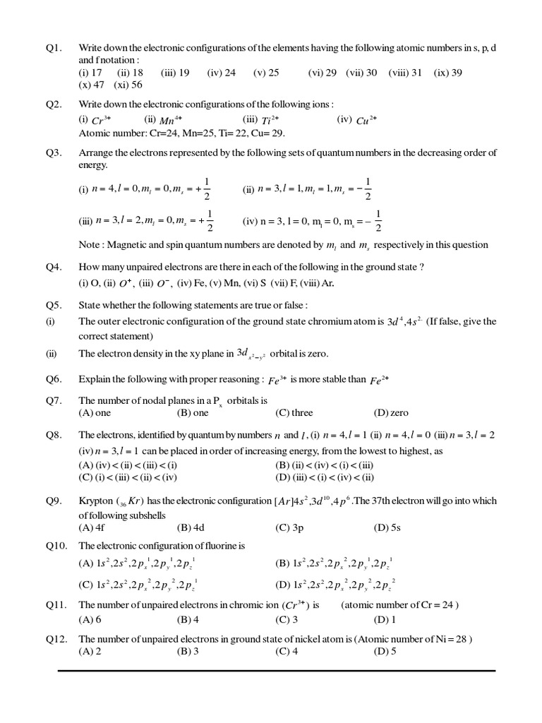 Question Bank On Electronic Configuration | PDF | Electron Configuration | Atomic Orbital