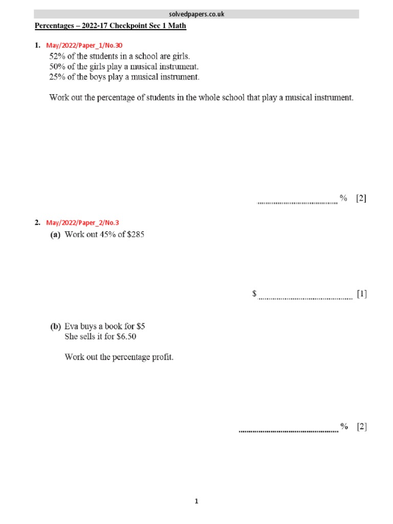 2022 17-Percentages-Checkpoint Sec 1-Mathematics | PDF
